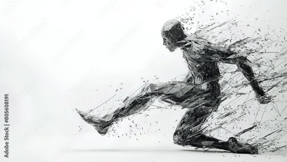 Illustration of a human being formed from grains dissipating energy ...