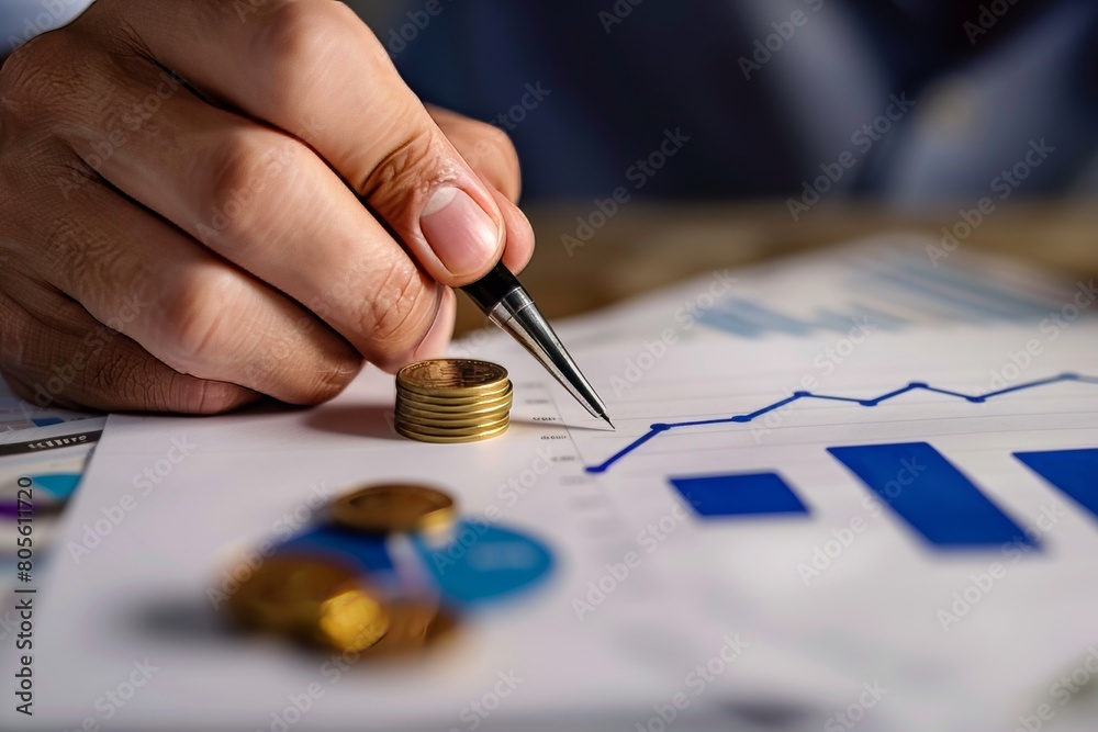 Businessman hands holding coins and drawing a graph of a growth chart ...