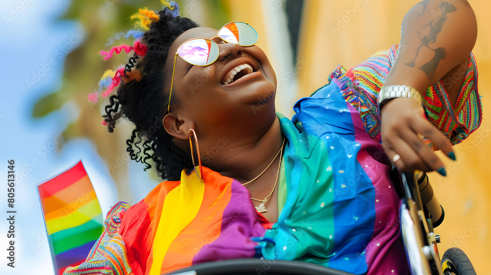 Happy african american plus size disabled lesbian woman in wheelchair ...