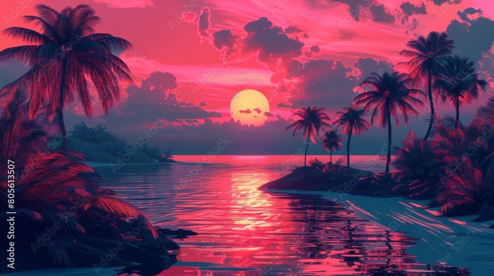 tropical sunset, as the sun dips below the horizon, it bathes the palm ...