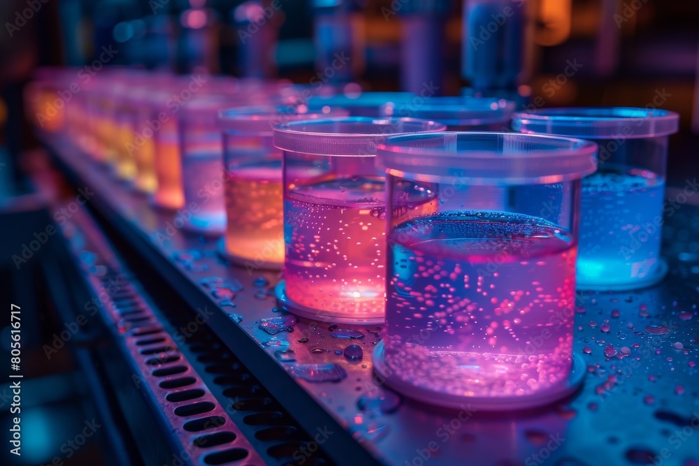 Beakers filled with luminescent liquid under ultraviolet light ...