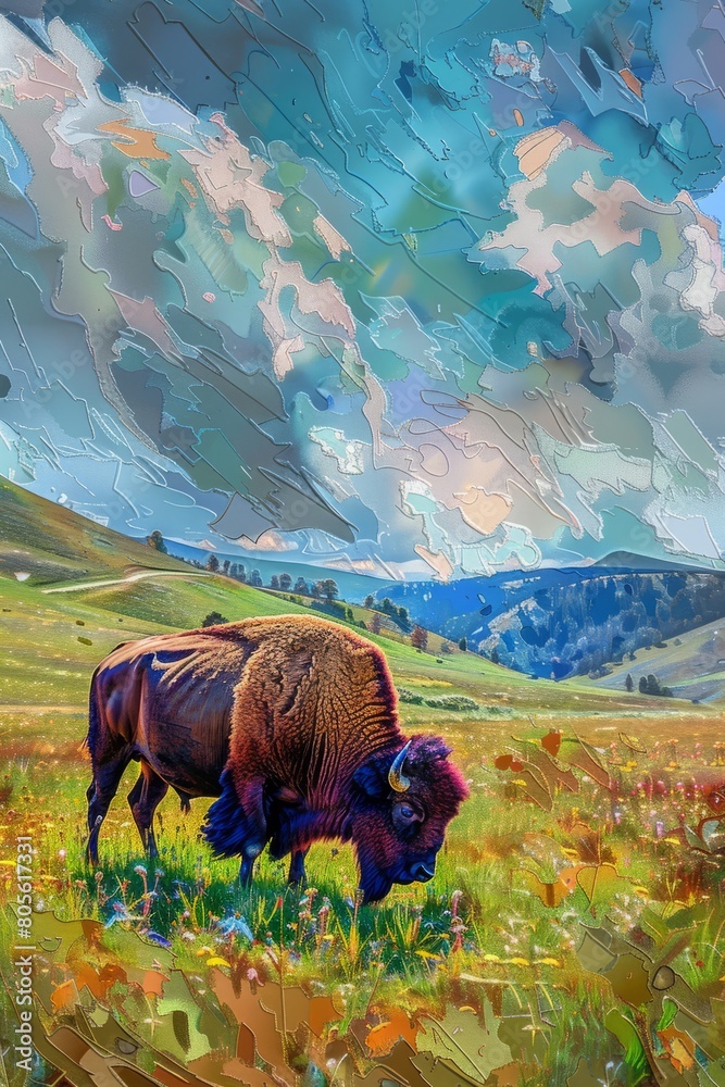 A painting depicting a bison grazing in a field with green grass and a ...