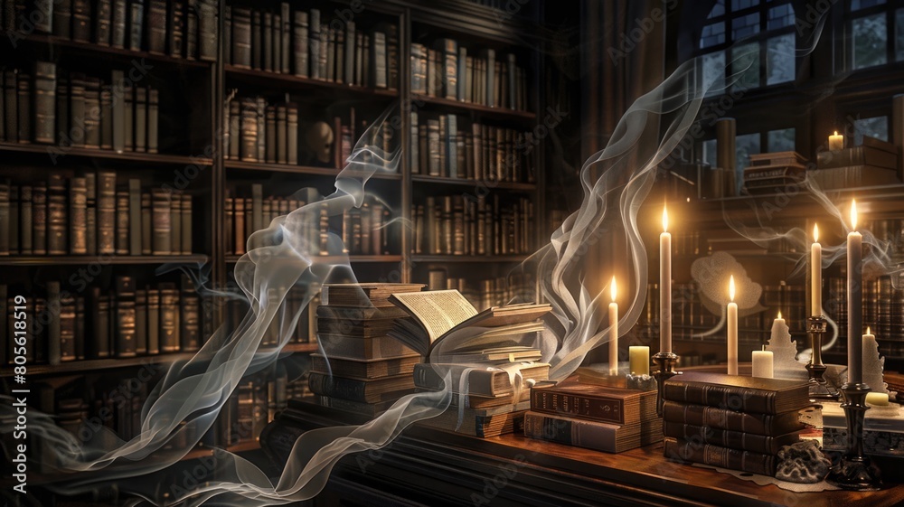 enchanted Halloween library where books float off the shelves and pages ...