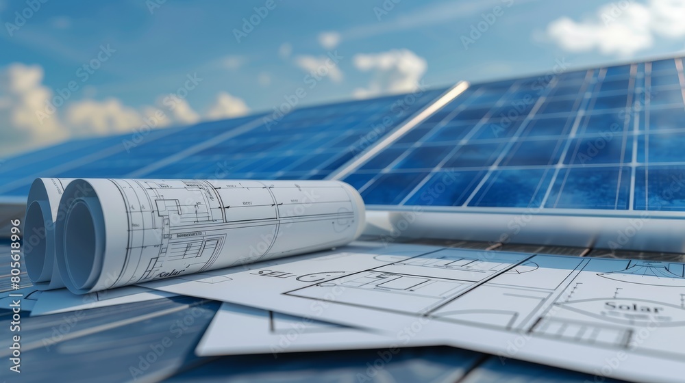 Solar panel and blueprints on the table, photovoltaic panels with a ...