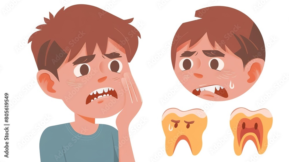 Little boy has toothache. The teeth are yellow and have cavities. The ...