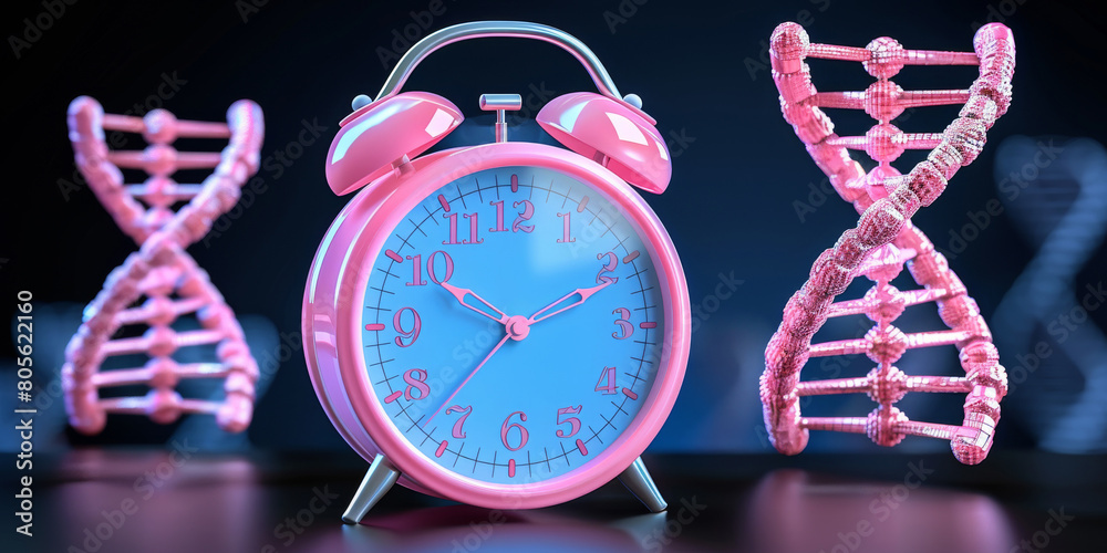 Time and genetics concept illustration with pink alarm clock and DNA ...