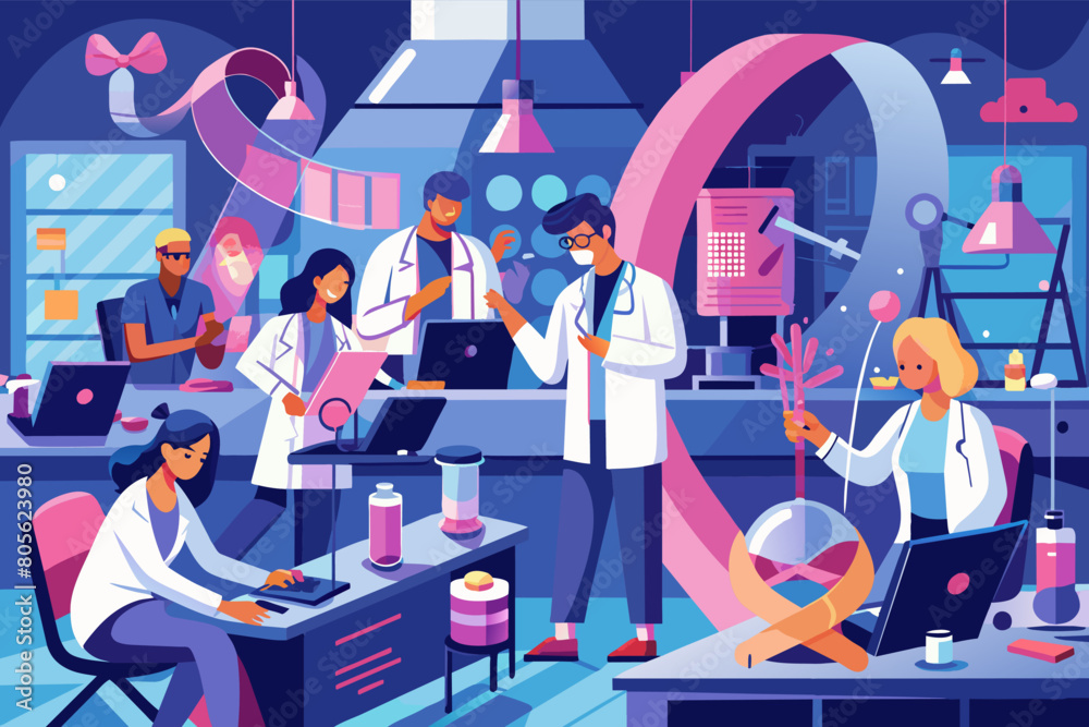 Animated illustration of a diverse group of scientists in a vibrant laboratory setting, with ...