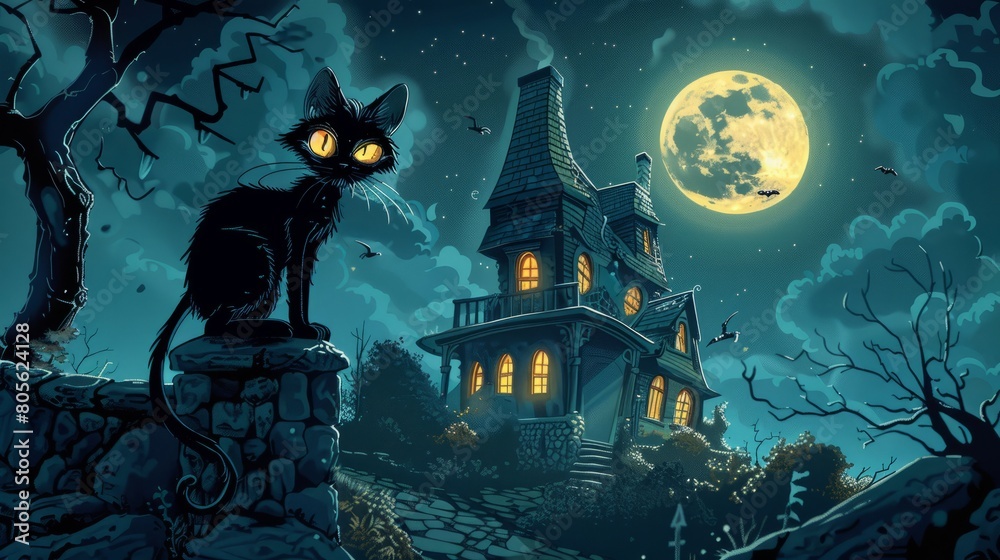 Cartoon Illustration of Black Cat by Haunted House Stock Illustration ...