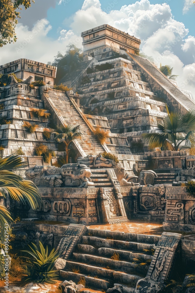 A painting depicting an Aztec pyramid complex nestled in a lush jungle ...