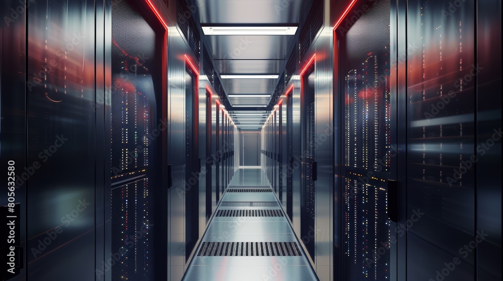 Modern data center corridor with rows of server racks. High tech network and data protection ...