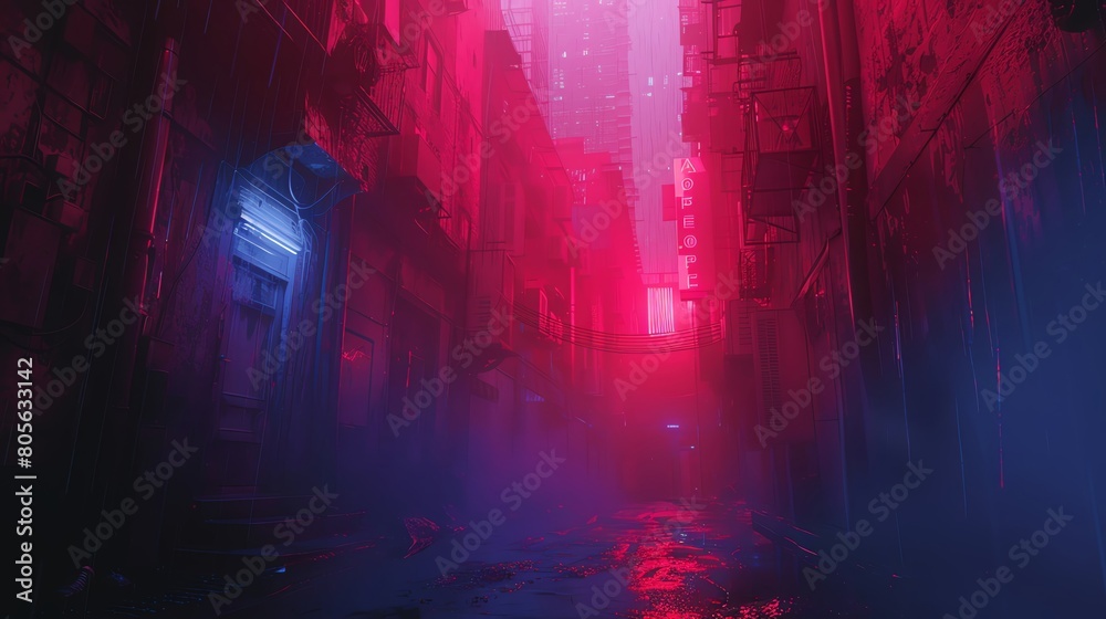 Create a digital rendering of a low-angle shot in a dystopian cityscape ...