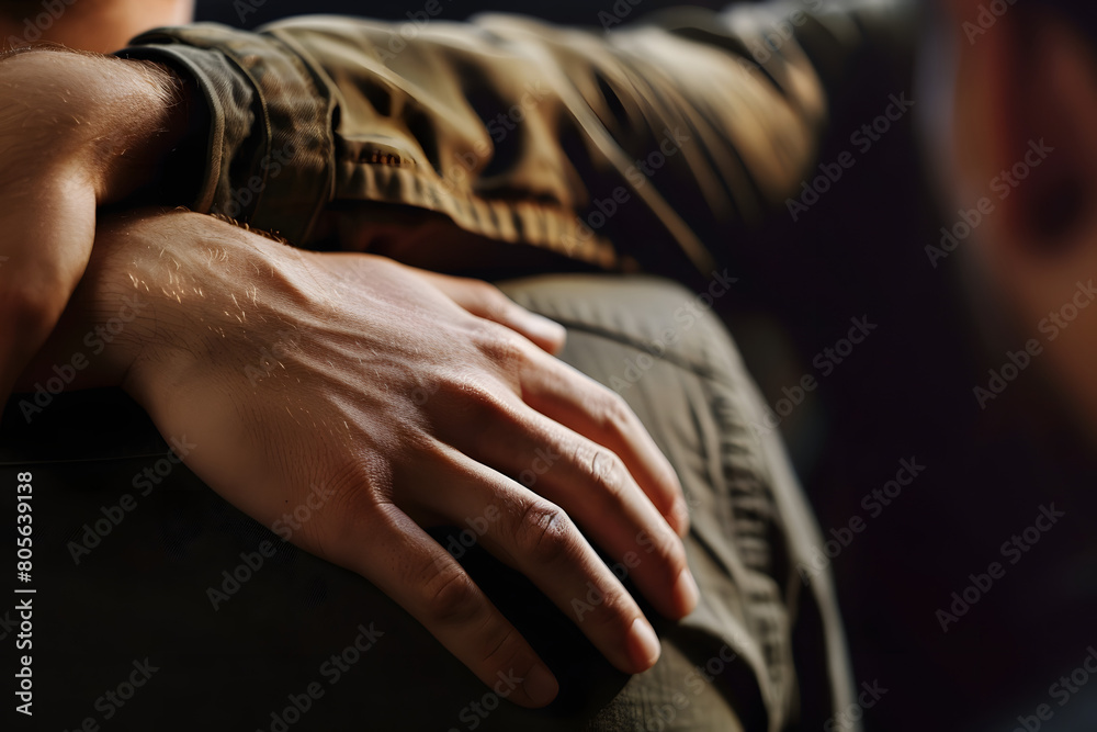 Hand of young supportive man consoling his friend or one of attendants ...