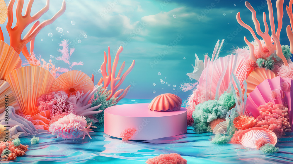 marine theme scene design with round podium, bright and colorful ...