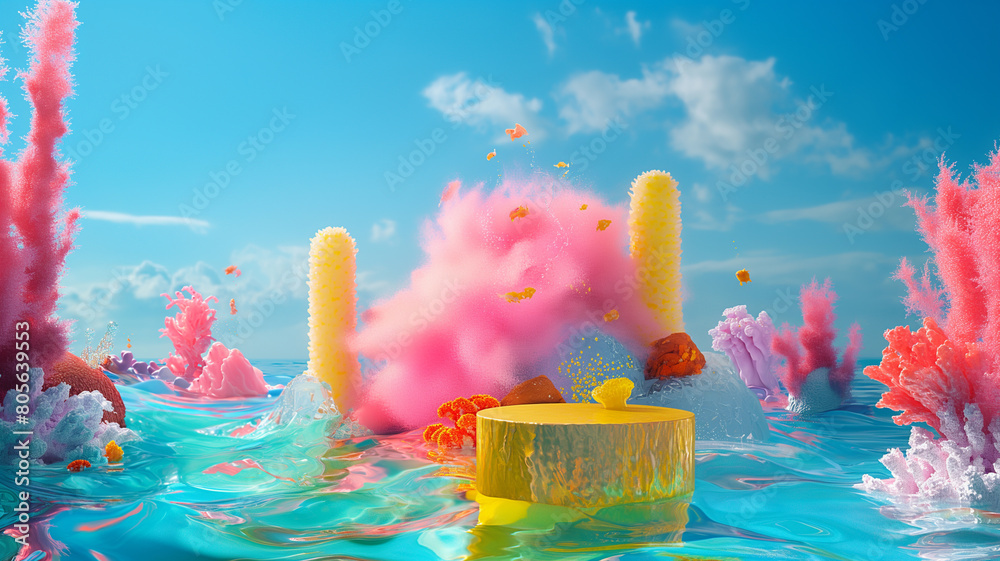 marine theme scene design with round podium, bright and colorful ...
