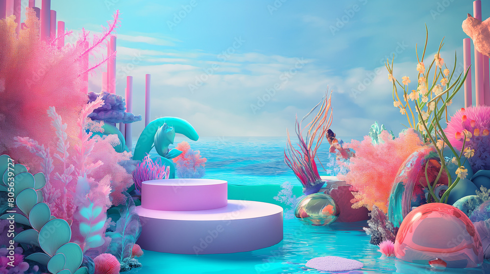marine theme scene design with round podium, bright and colorful ...
