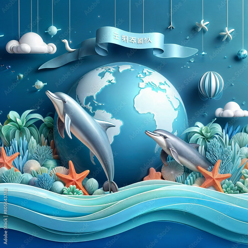 3d world ocean's day paper art with dolphin and cora , blue background ...