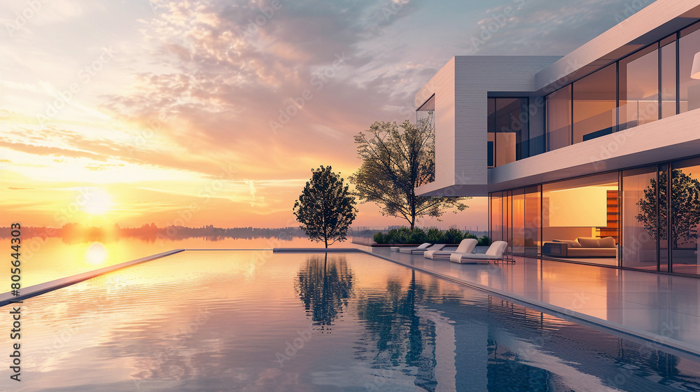 A modern mansion with a beautiful infinity pool and sunset, with sun ...