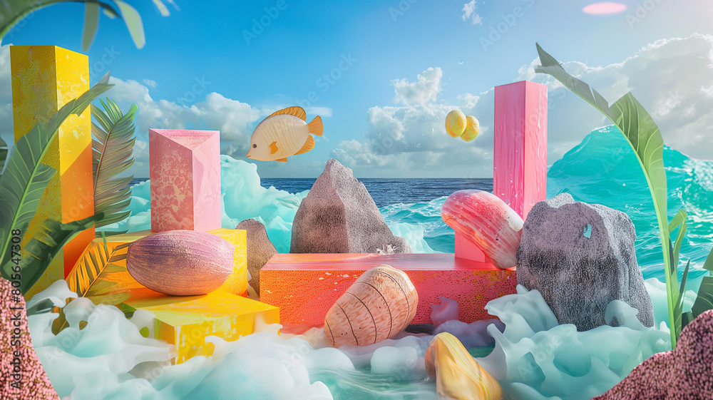 marine and Sea beach theme scene design with round podium, bright and ...