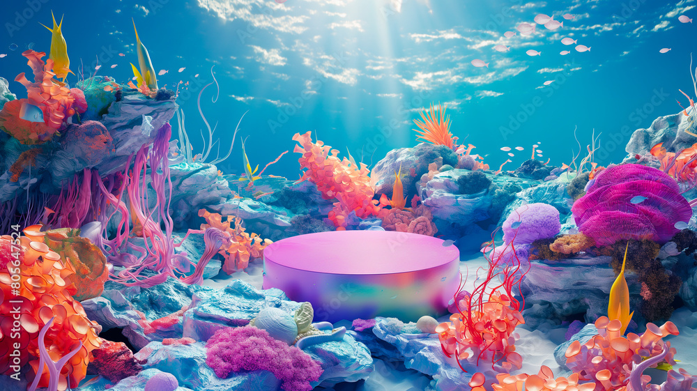 marine and Sea beach theme scene design with round podium, bright and ...