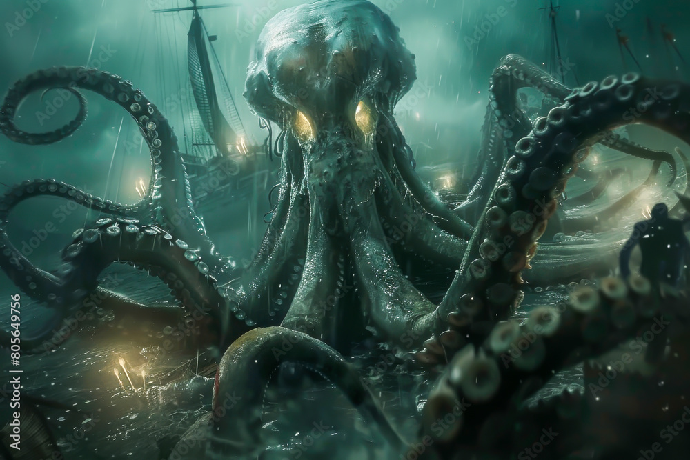 A large octopus with glowing eyes is surrounded by a dark ocean. The ...