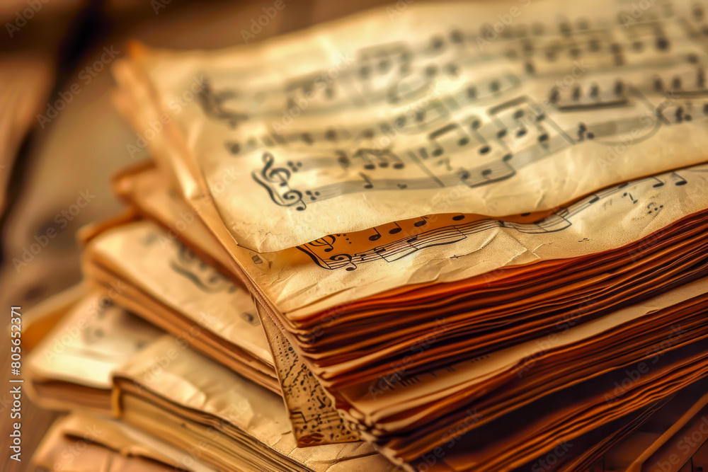 A stack of old sheet music, with the top sheet music being the most ...