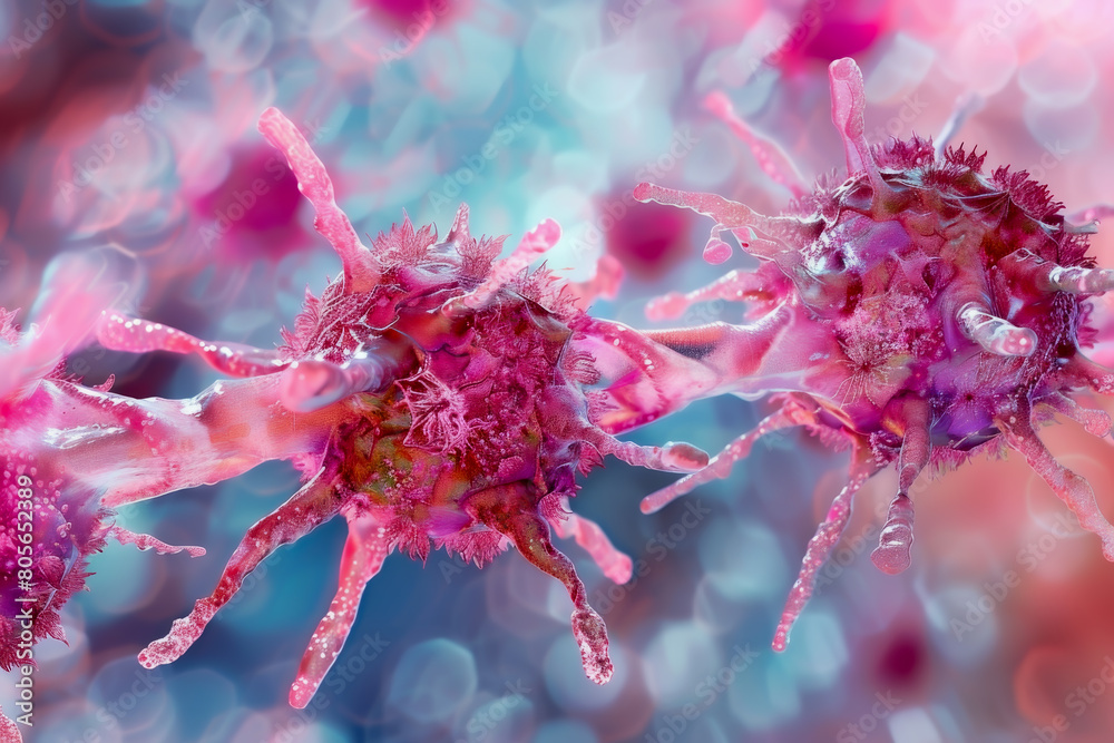 Three pink cells are shown in a blurry image. The cells are pink and ...