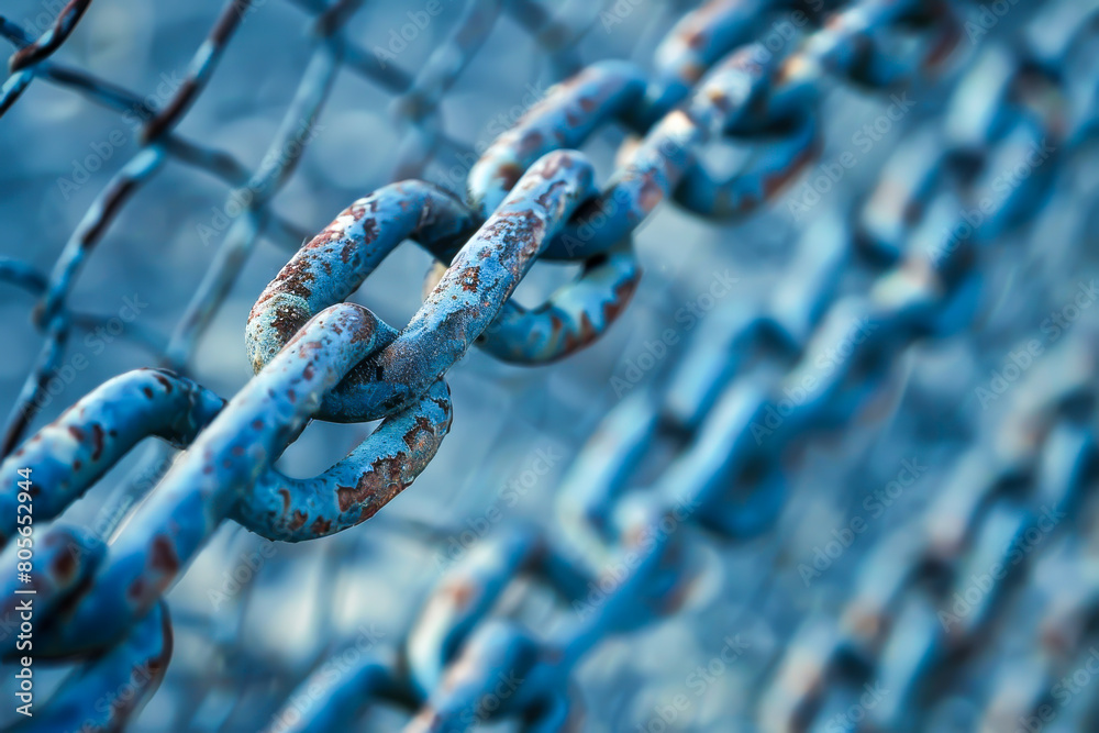 A chain of blue links is shown in a close up. The chain is rusted and ...