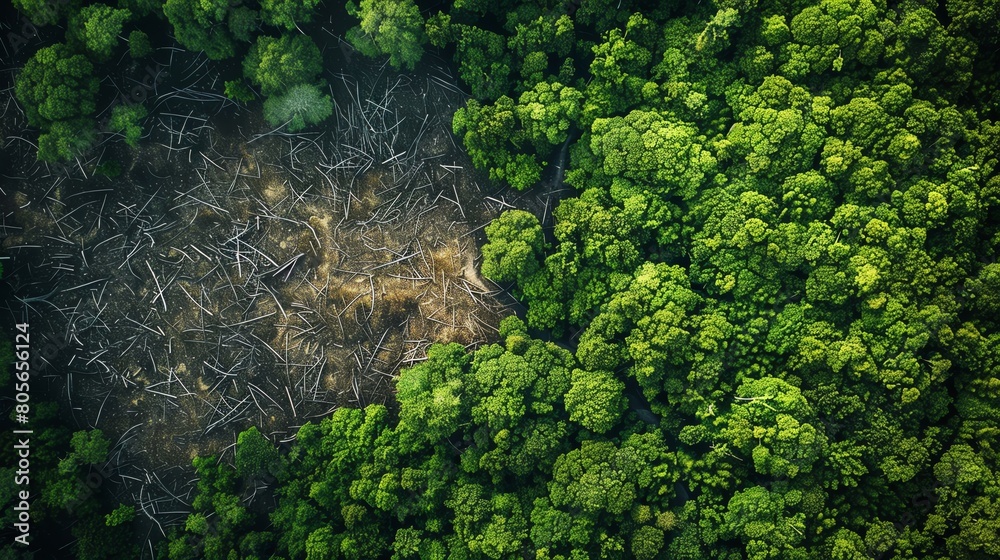 Capture the devastation of deforestation from above in a pop art style ...