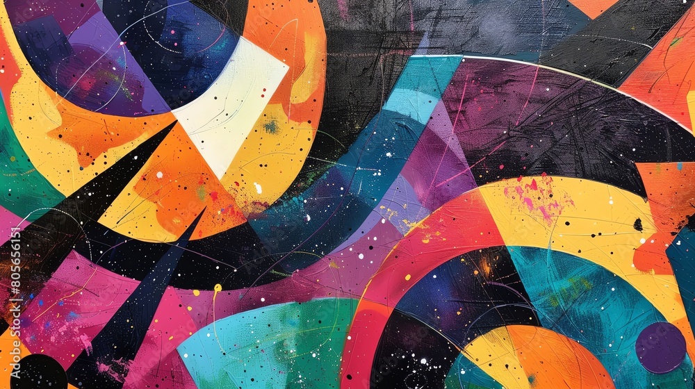 Capture the vastness of space with vibrant colors and abstract shapes ...