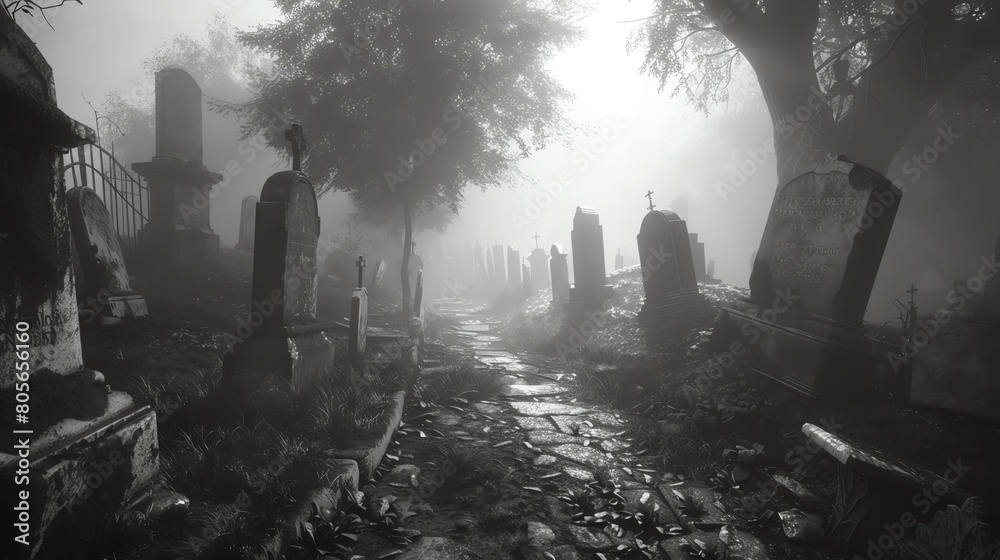 Craft a chilling scene of a desolate cemetery enveloped in fog ...