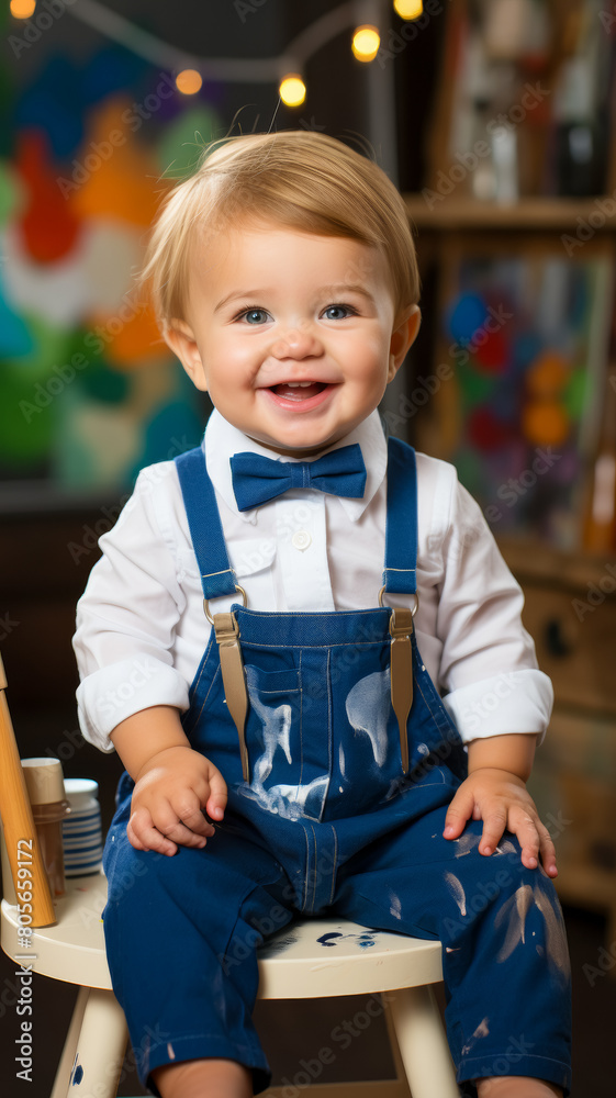 The baby painter, sitting on a stool with an easel in front of him ...