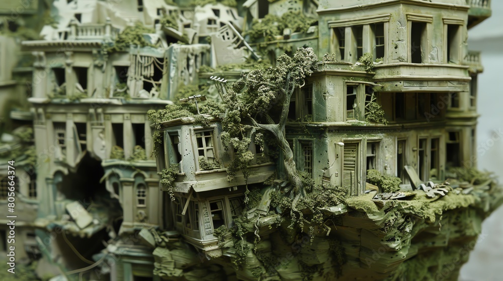 Craft a clay sculpture depicting a surrealistic dystopian scene in a ...