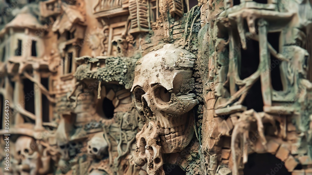 Craft a clay sculpture depicting a surrealistic dystopian scene in a ...