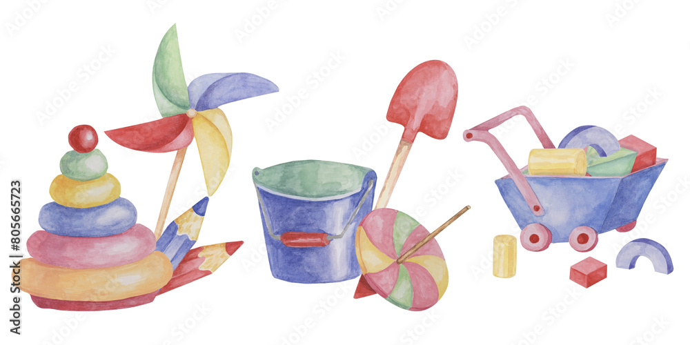Toys wheelbarrow, crayons, spinning top, pinwheel, bucket and shovel ...