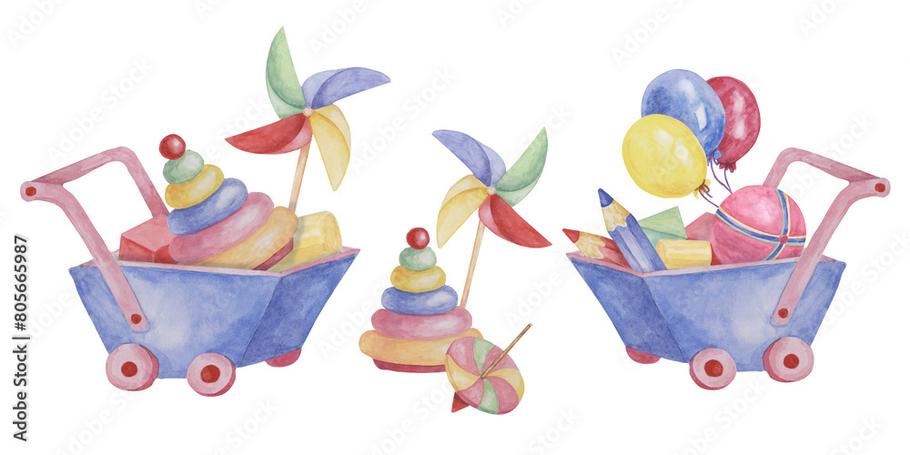 Toys wheelbarrow, crayons, spinning top, pinwheel, bucket and shovel ...