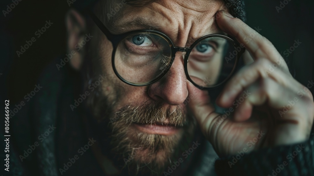 portrait of man holding eye glass and looking through with one eye ...