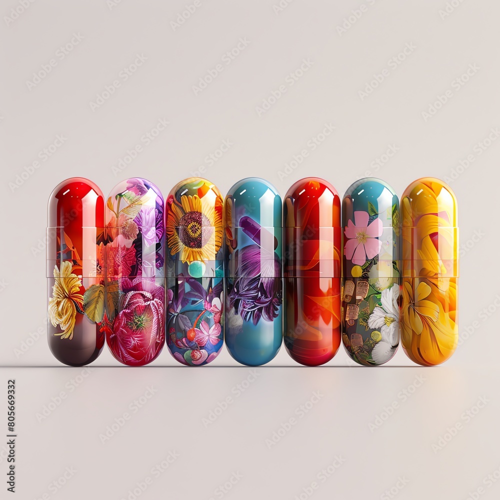 Craft a photorealistic digital illustration of a row of glossy, vibrant ...