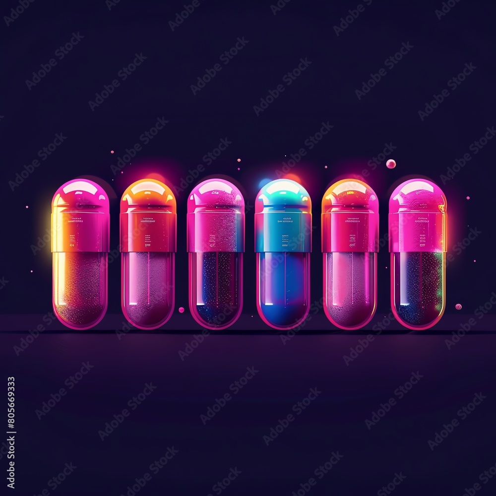 Craft a photorealistic digital illustration of a row of glossy, vibrant ...