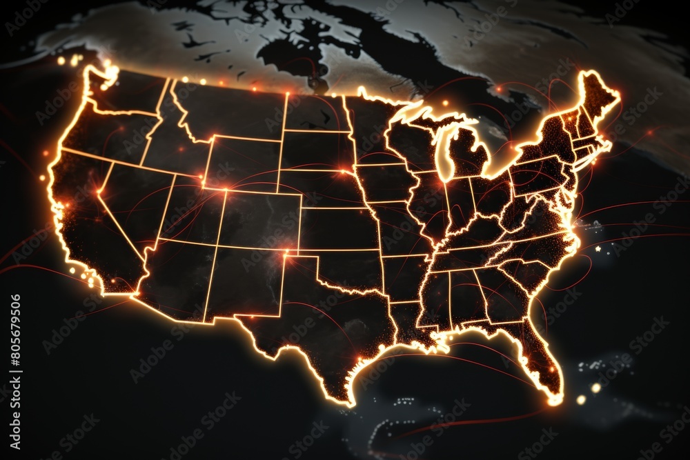 A detailed and vibrant image of a glowing orange map of the USA with ...