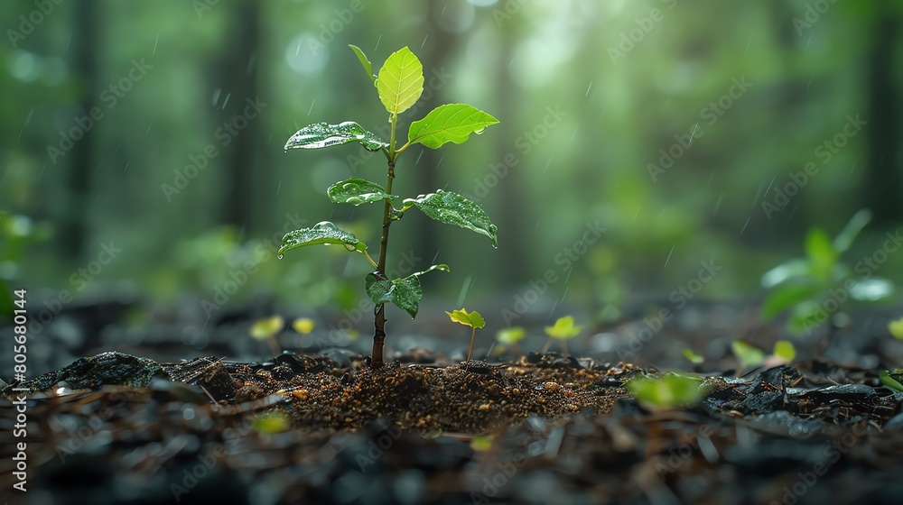 Foto de Oak tree sapling in a forest clearing, hopeful symbol of growth ...