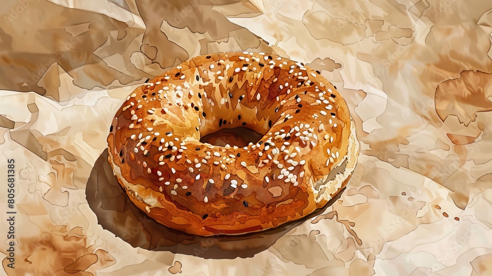 Delicate watercolor illustration of a sesame bagel with a gentle shadow ...