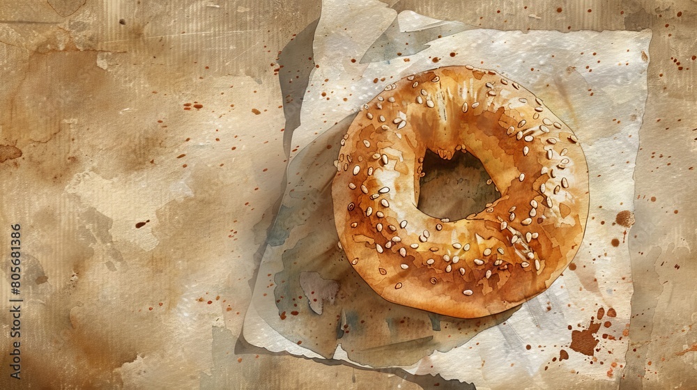 Delicate watercolor illustration of a sesame bagel with a gentle shadow ...