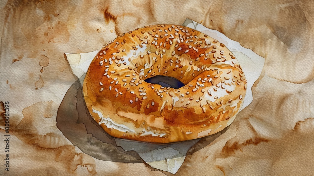 Delicate watercolor illustration of a sesame bagel with a gentle shadow ...