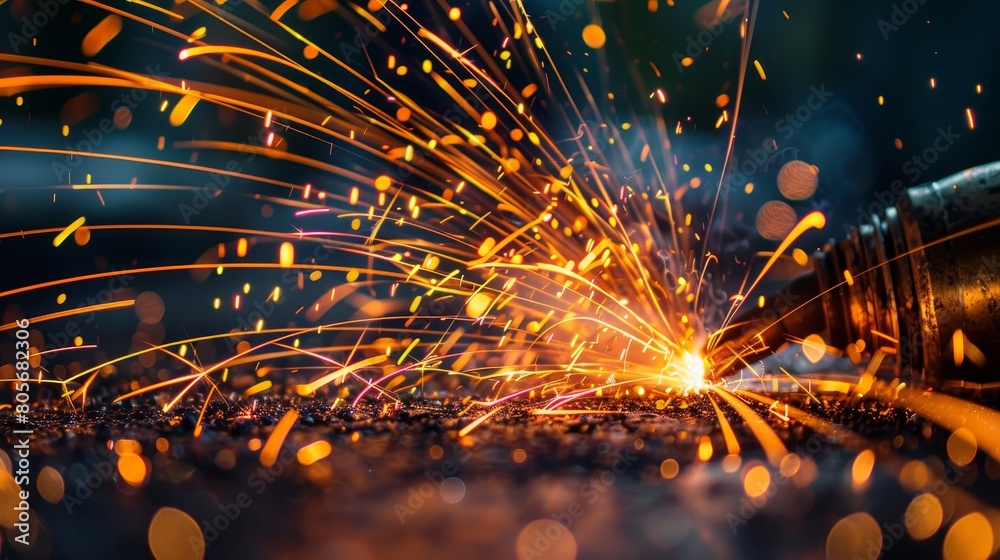 Intimate and vivid portrayal of welding sparks, emphasizing the intense ...