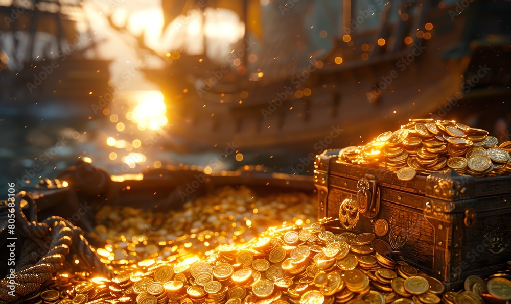 Gold coins spilling from a treasure chest, pirate ship background ...