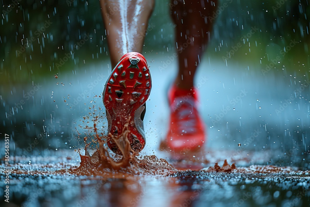 A runner wearing red sneakers is running in the rain. The runner is ...