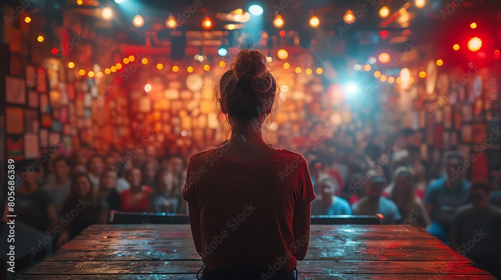 Comedian holding a microphone during a standup routine, spotlight ...