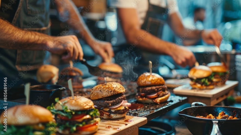 A group of men gathered around a DIY burger bar for a grill masters ...
