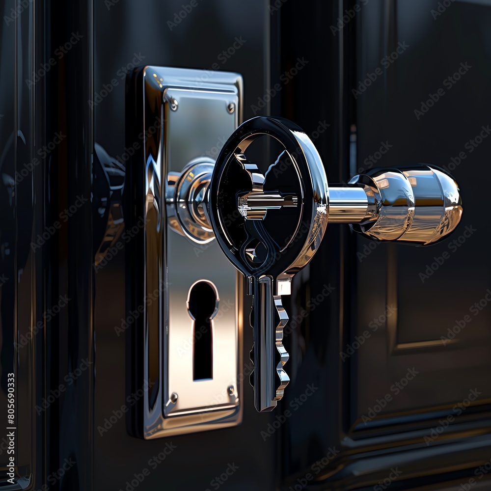 Realistic 3D rendering of a shiny key midway into a door lock ...