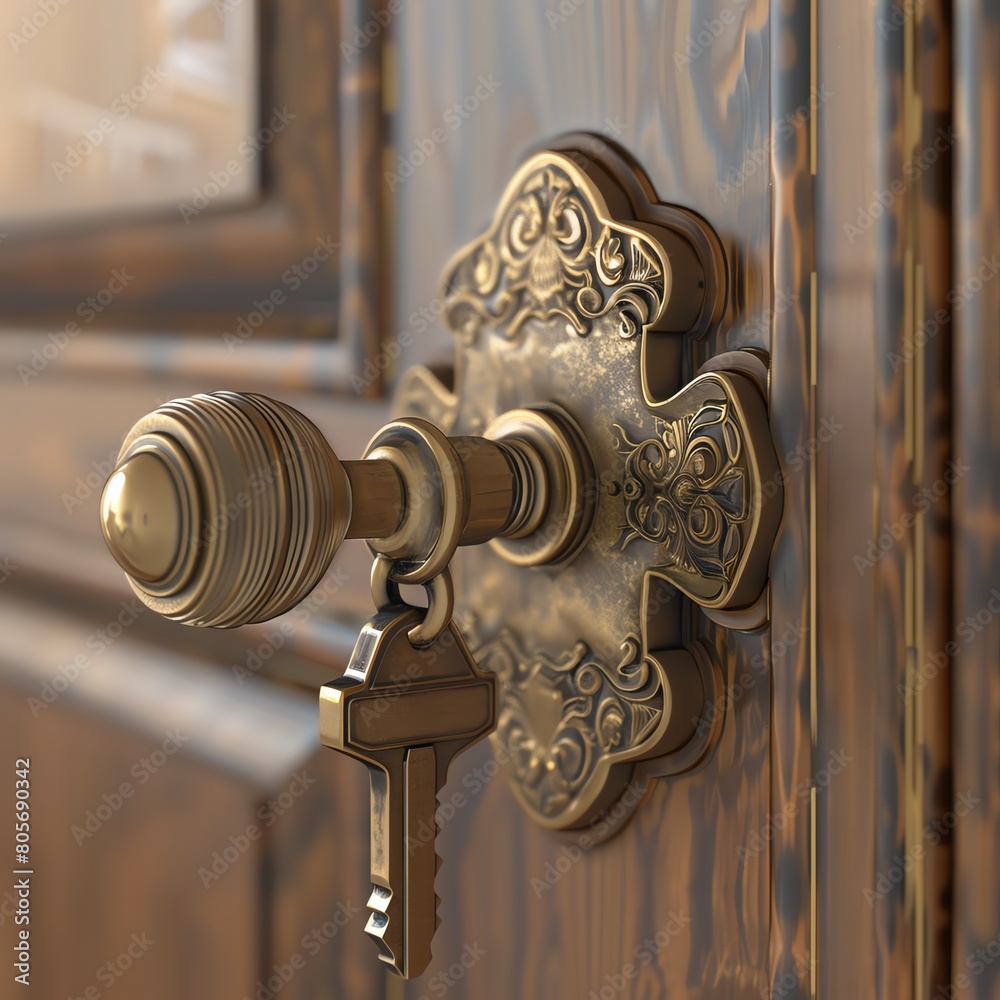 Professional 3D depiction of a key engaging with a door lock ...